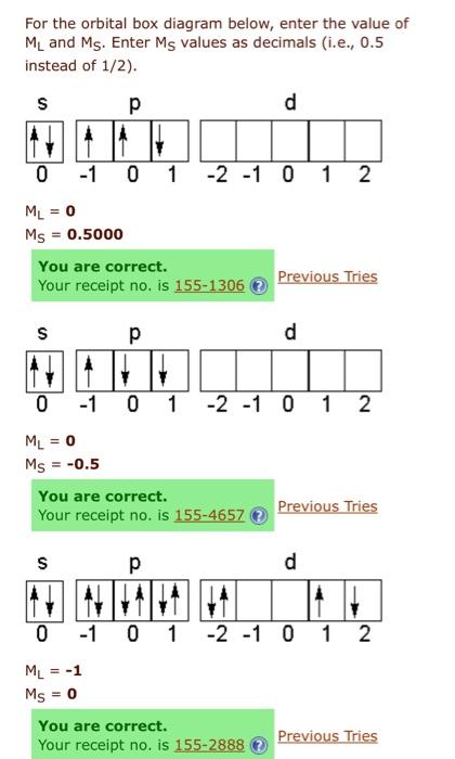 Solved For the orbital box diagram below, enter the value of | Chegg.com