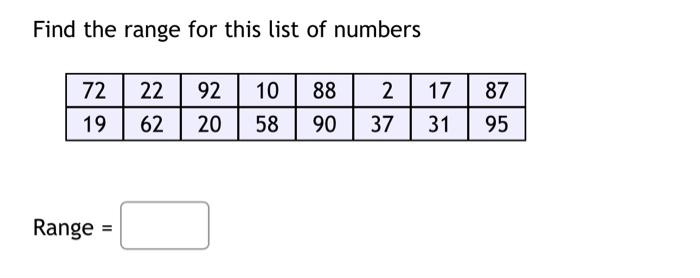 Solved Find the range for this list of numbers 72 19 Range = | Chegg.com