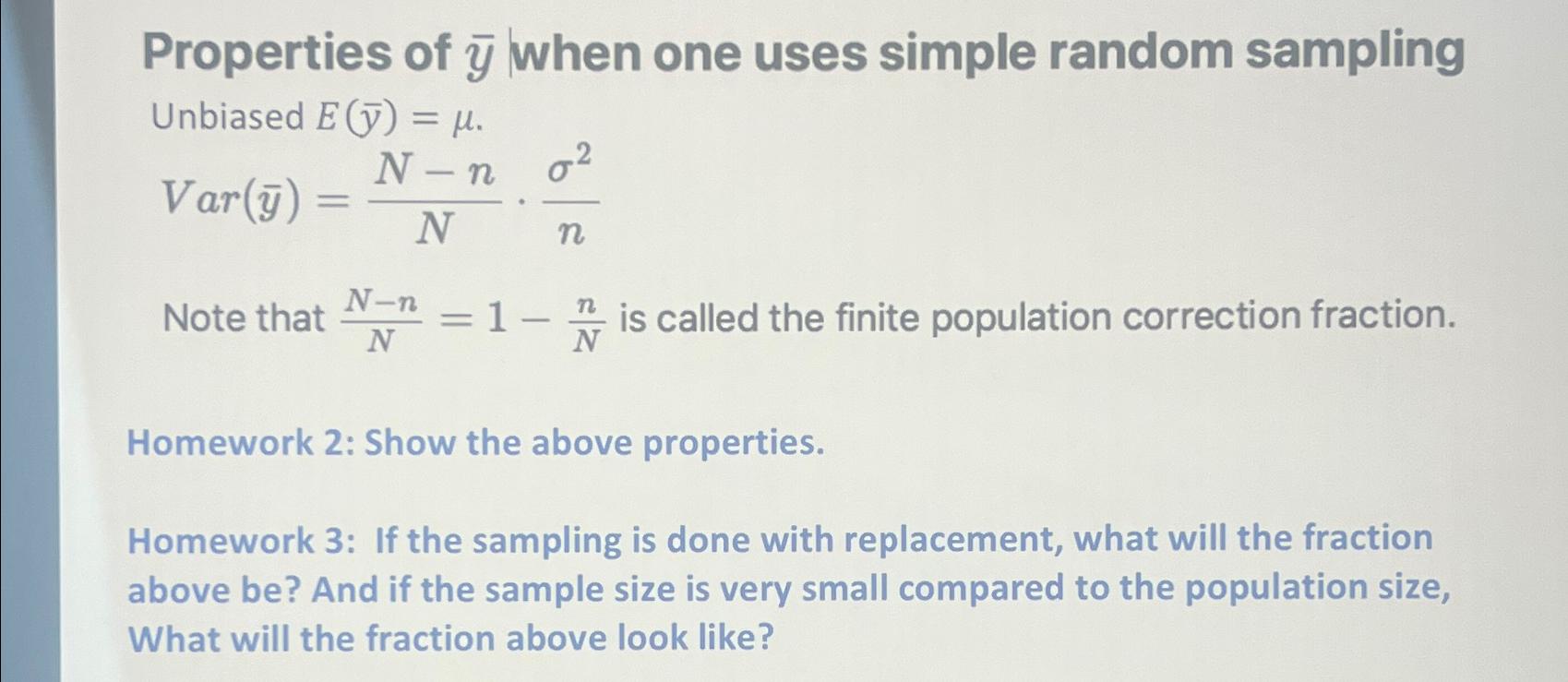 Solved Properties of ?bar (y) ﻿when one uses simple random | Chegg.com