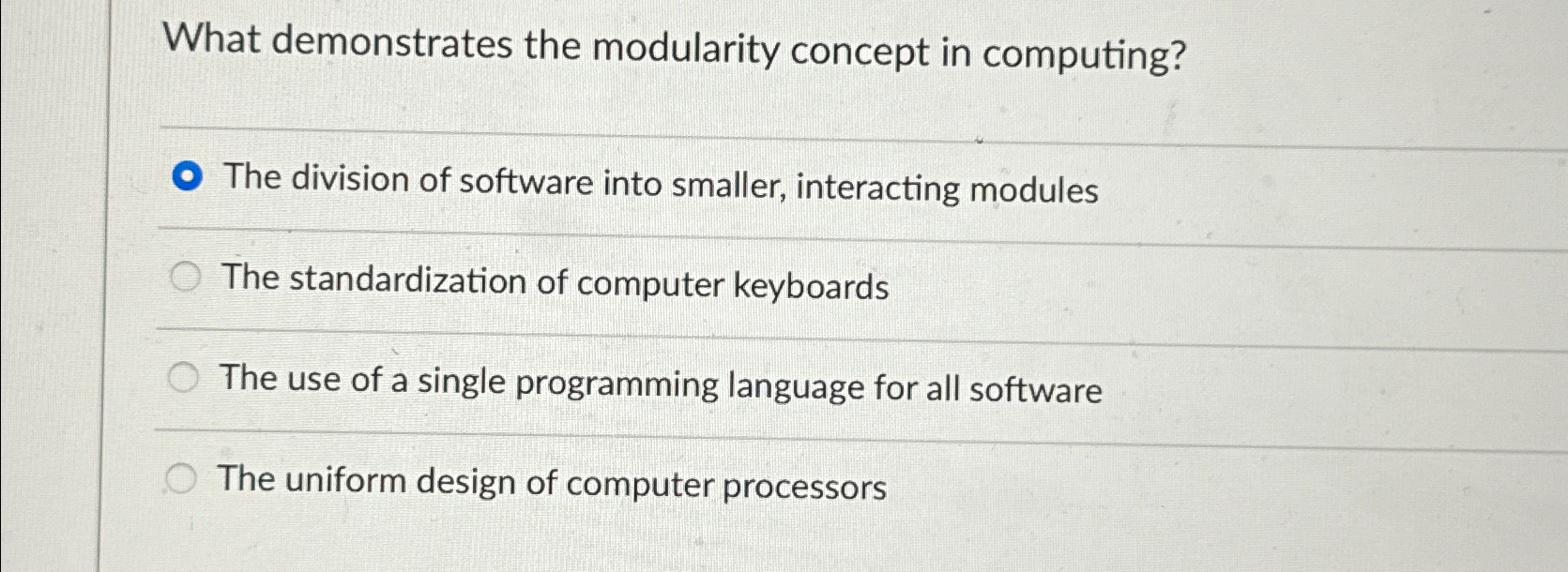 Solved What demonstrates the modularity concept in | Chegg.com
