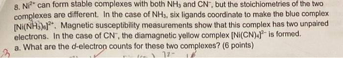 Solved 8. Ni2+ can form stable complexes with both NH3 and | Chegg.com