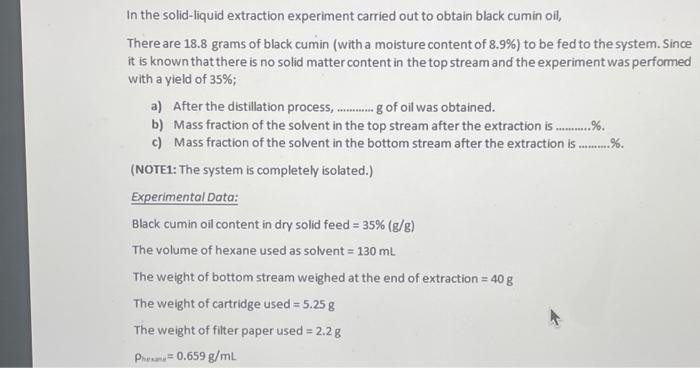 Solved In the solid-liquid extraction experiment carried out | Chegg.com