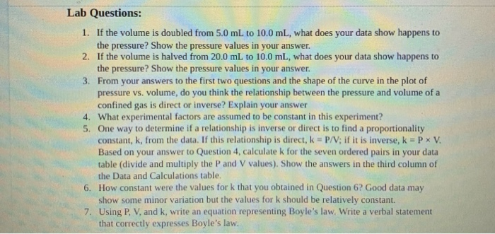 Solved Lab Questions: 1. If the volume is doubled from 5.0 | Chegg.com
