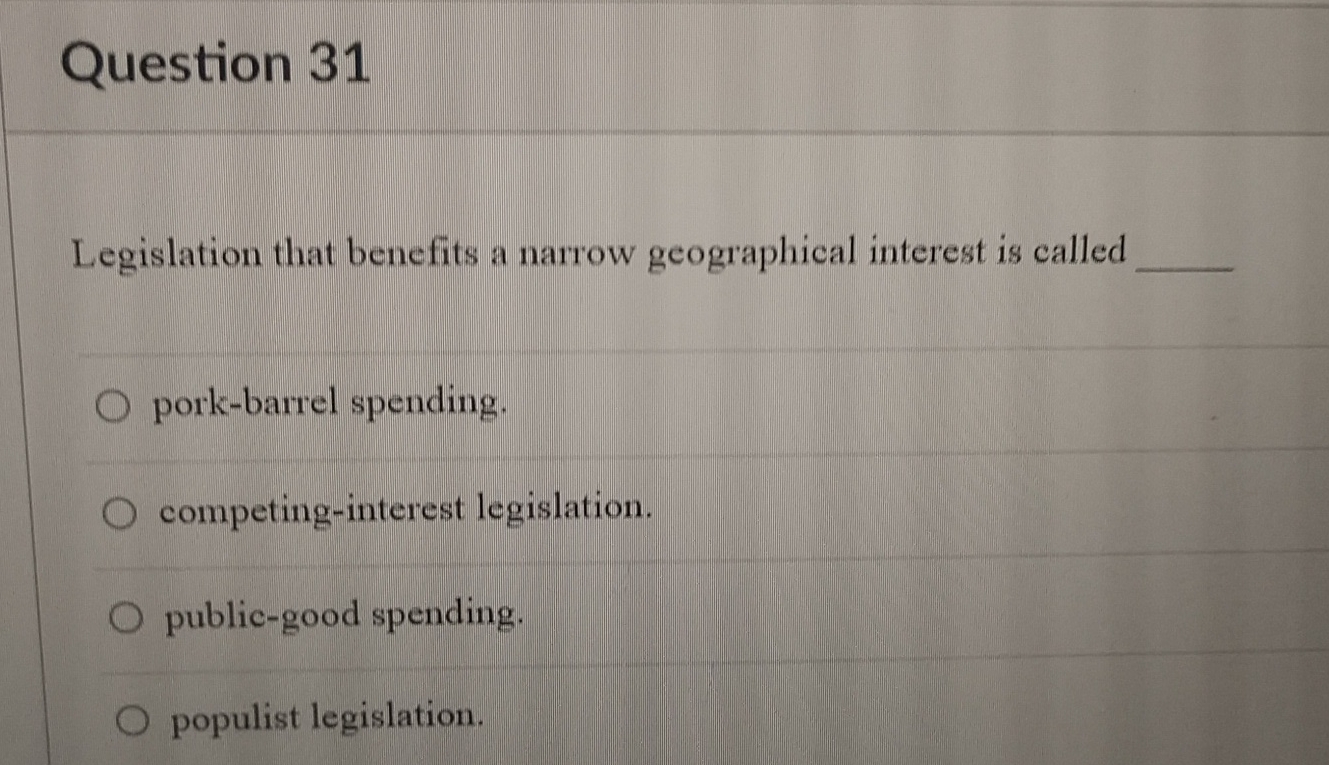Solved Question 31Legislation that benefits a narrow | Chegg.com