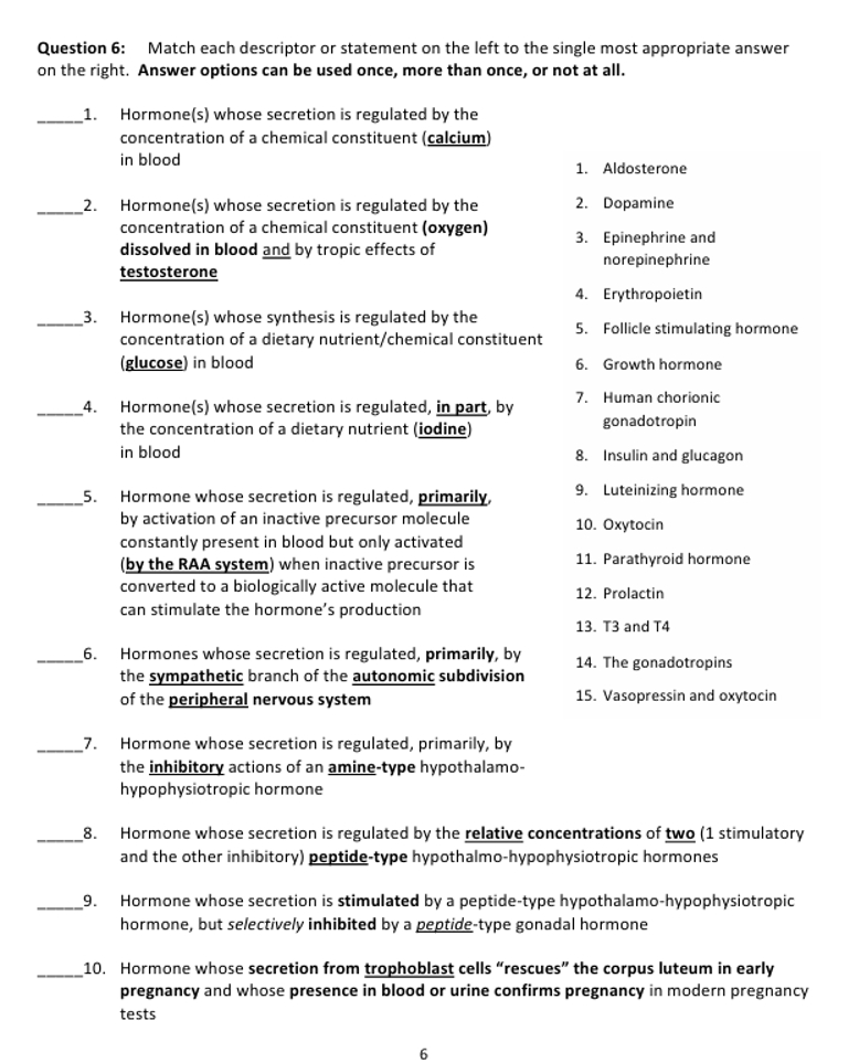Solved Question 6: Match each descriptor or statement on the | Chegg.com