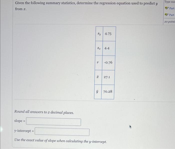 Solved Given the following summary statistics, determine the | Chegg.com