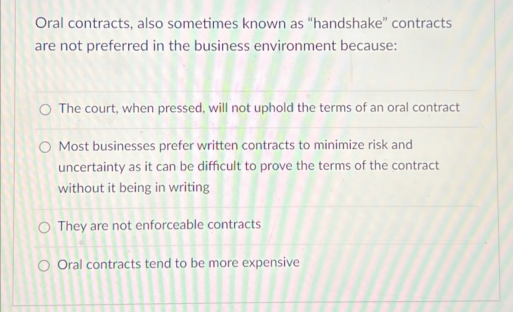Solved Oral contracts, also sometimes known as "handshake" | Chegg.com