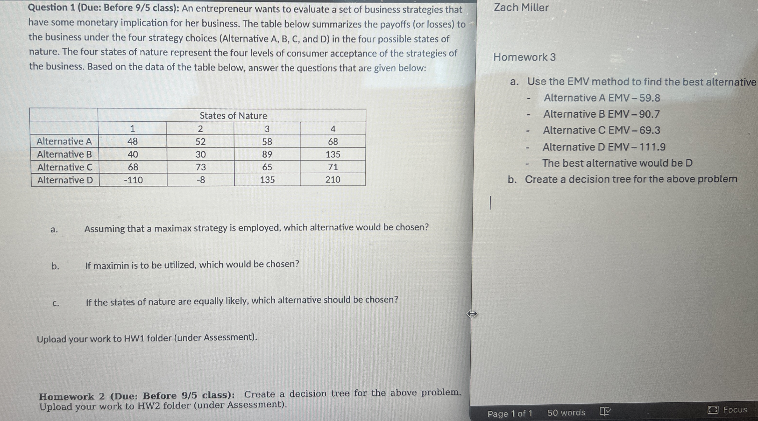 Solved Question 1 (Due: Before 9/5 ﻿class): An entrepreneur | Chegg.com