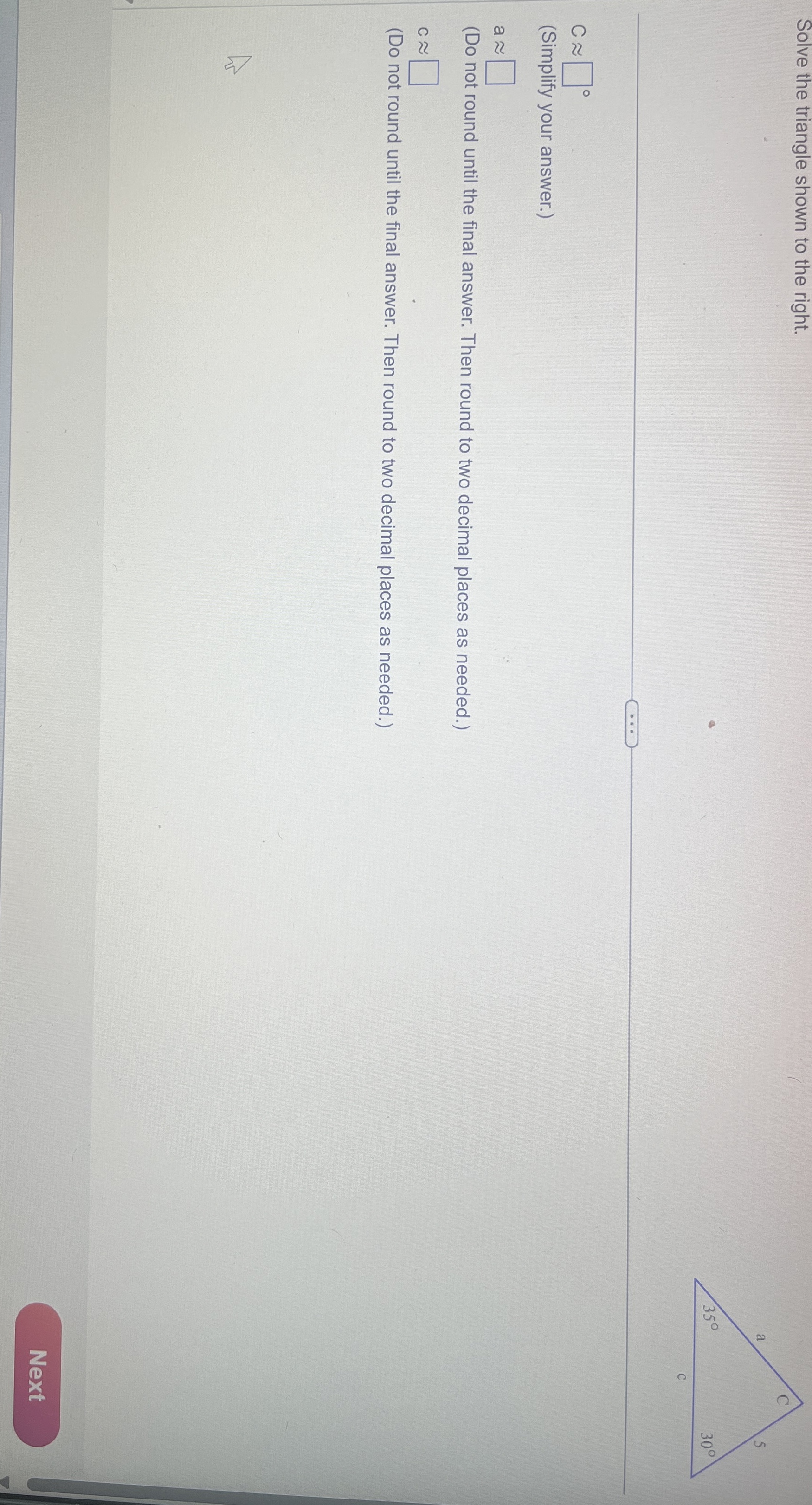 Solve the triangle shown to the right.C~~(Simplify | Chegg.com