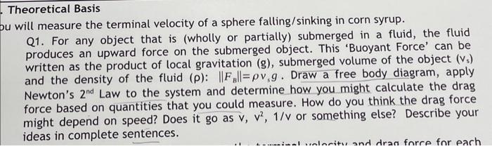 Solved Theoretical Basis will measure the terminal velocity | Chegg.com