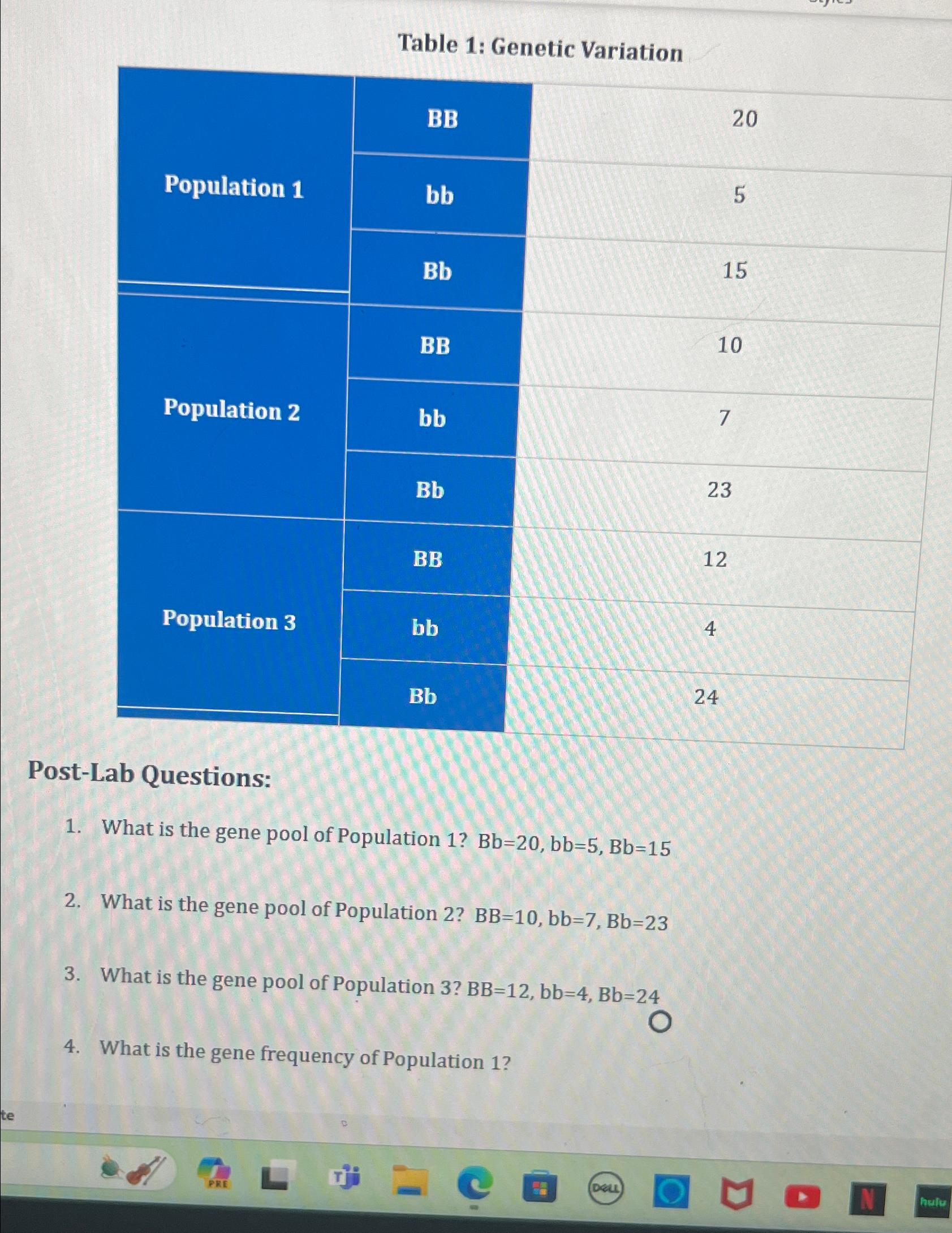 Solved Table 1 Genetic Variation Table[[population