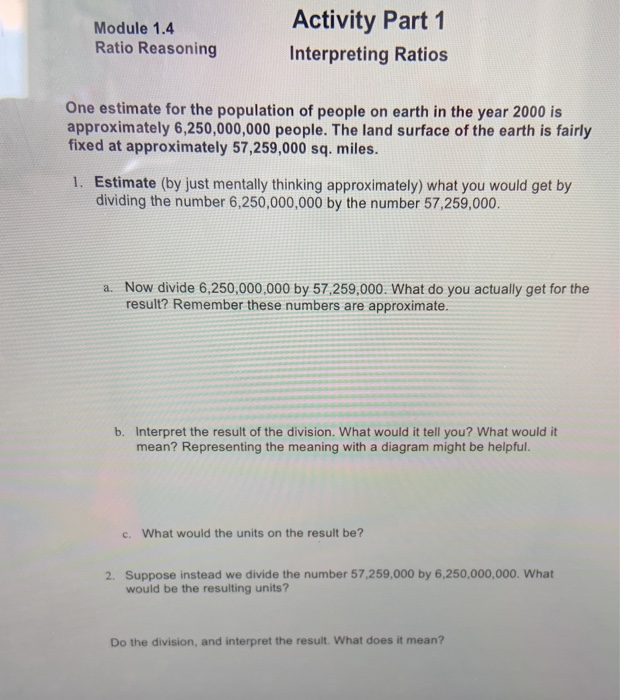 Solved Module 1.4 Ratio Reasoning Activity Part 1 | Chegg.com