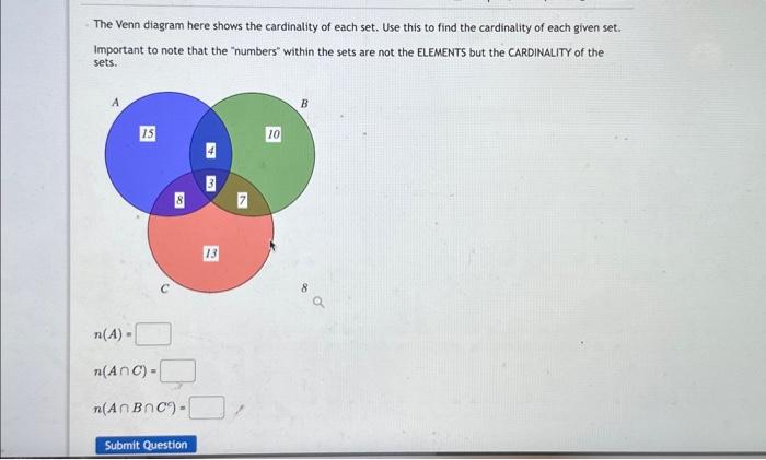 Solved The Venn diagram here shows the cardinality of each | Chegg.com