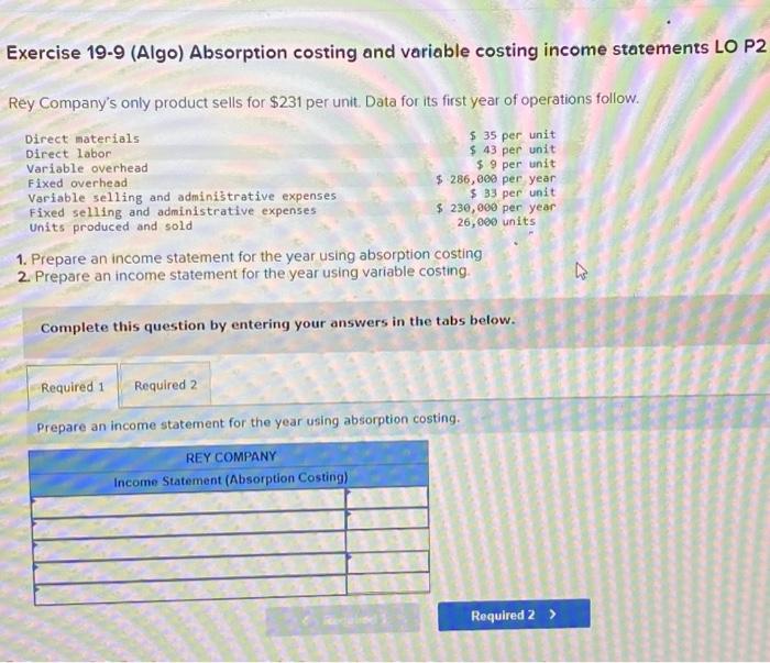Solved Exercise 19-9 (Algo) Absorption costing and variable | Chegg.com