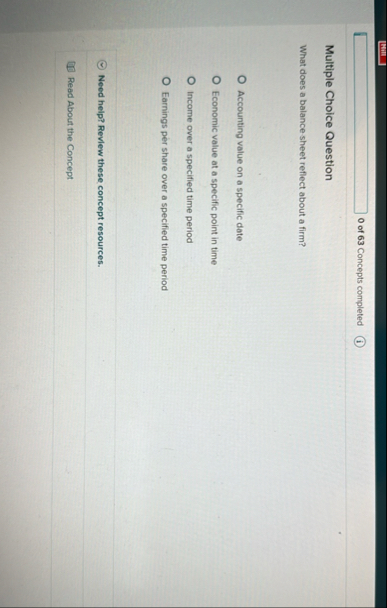 [Solved]: chim 0 of 63 Concepts completed Multiple Choice Qu