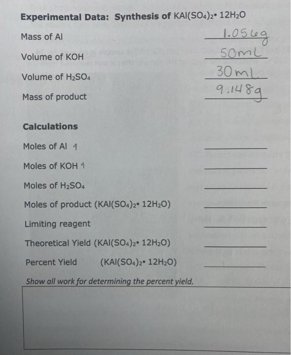 Solved Experimental Data: Synthesis of KAl(SO4)2• 12H20 Mass | Chegg.com