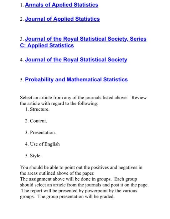 1. Annals of Applied Statistics 2. Journal of Applied | Chegg.com