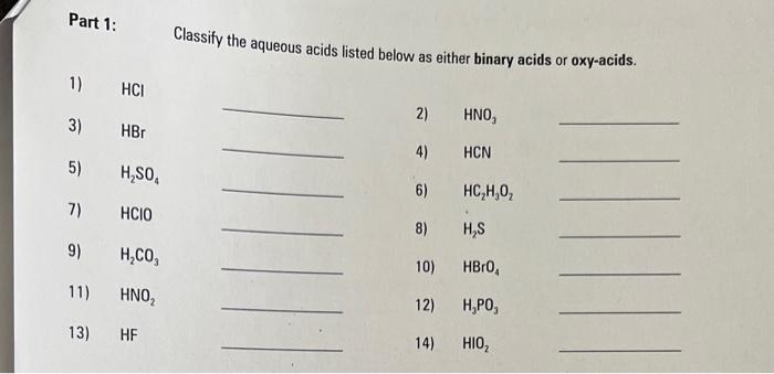 Solved Part 1: Classify the aqueous acids listed below as | Chegg.com