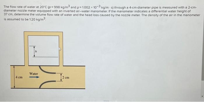 Solved The flow rate of water at 20∘C(ρ=998 kg/m3 and | Chegg.com