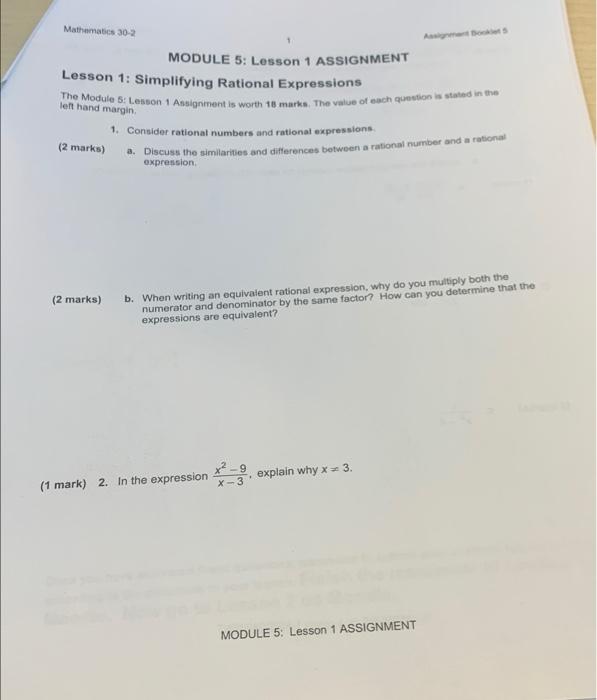 Solved Mathematics 30-2 MODULE 5: Lesson 1 ASSIGNMENT Lesson | Chegg.com