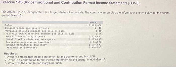 Solved Exercise 1-15 (Algo) Traditional and Contribution | Chegg.com