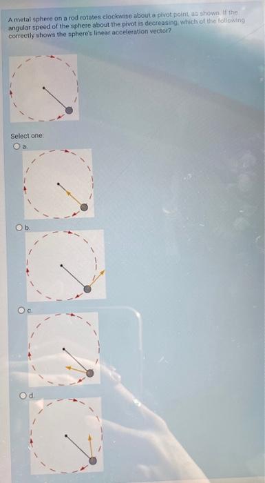 Solved A metal sphnre on a rod rotates clockwise about a | Chegg.com
