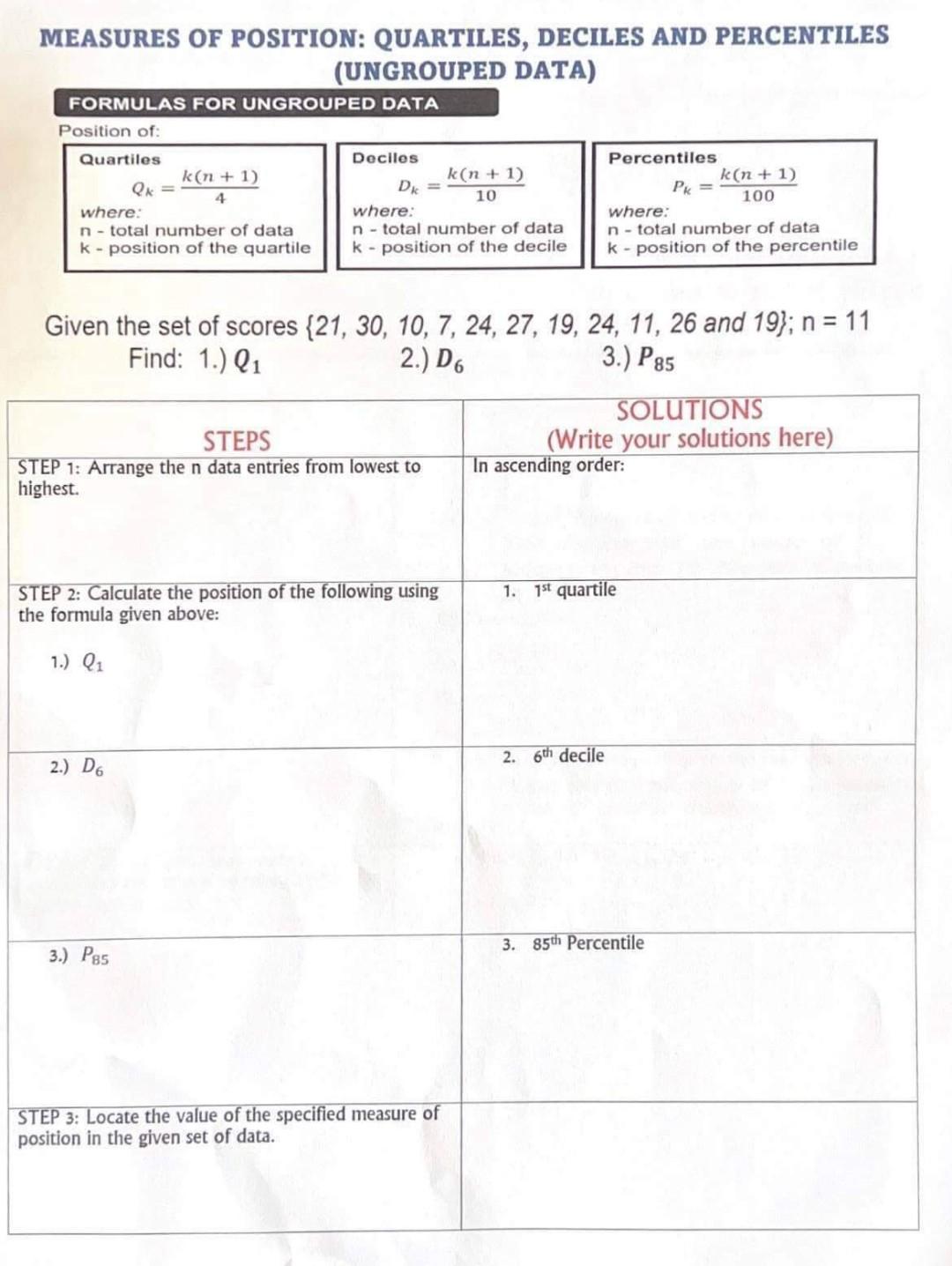 Solved MEASURES OF POSITION: QUARTILES, DECILES AND | Chegg.com