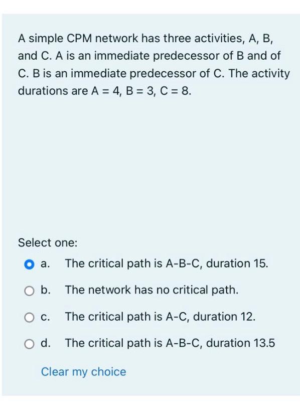 Solved A simple CPM network has three activities, A, ﻿B, | Chegg.com