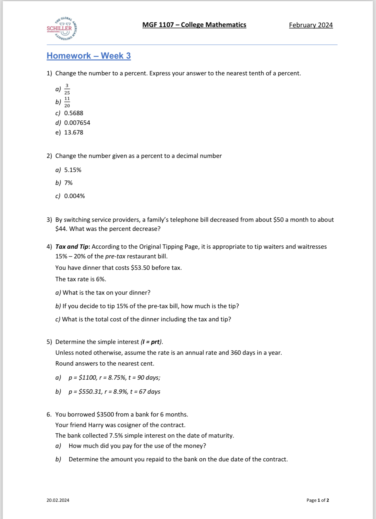 Solved MGF 1107 - ﻿College MathematicsFebruary 2024Homework | Chegg.com