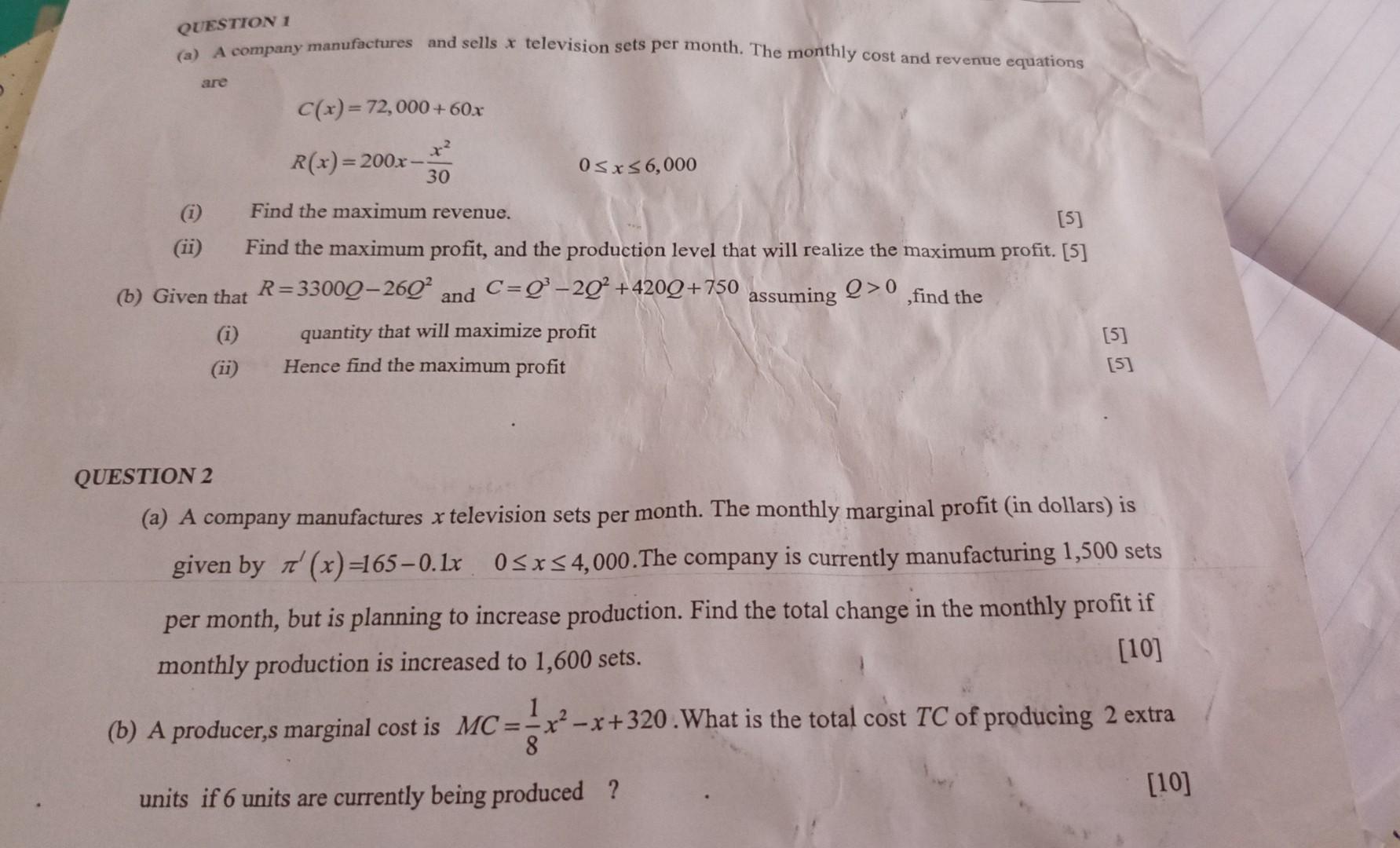 Solved QUESTION 1 a) A company manufactures and sells * | Chegg.com