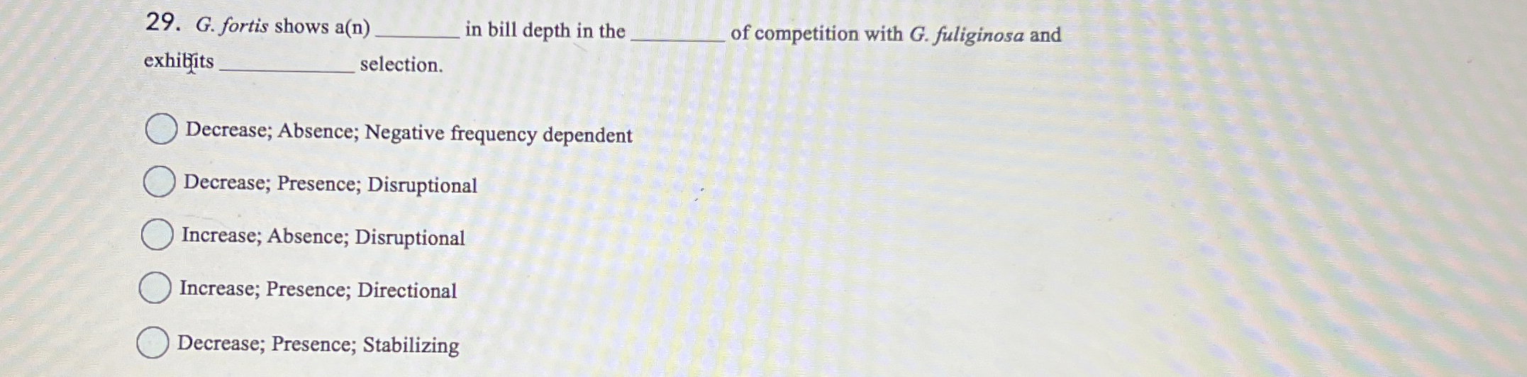 Solved G. ﻿fortis shows a(n) q, ﻿in bill depth in the ﻿of | Chegg.com