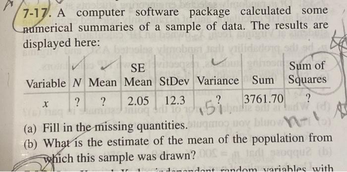 Solved 7-17. A computer software package calculated some | Chegg.com