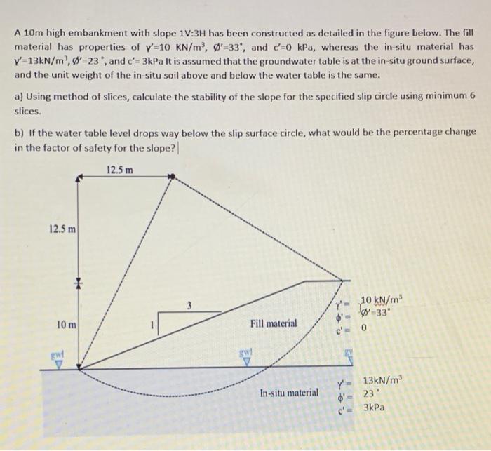 Solved A 10m high embankment with slope 1V:3H has been | Chegg.com