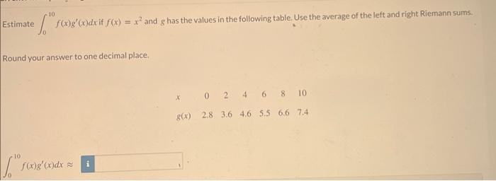 Solved Estimate ∫010f(x)g′(x)dx if f(x)=x2 and g has the | Chegg.com