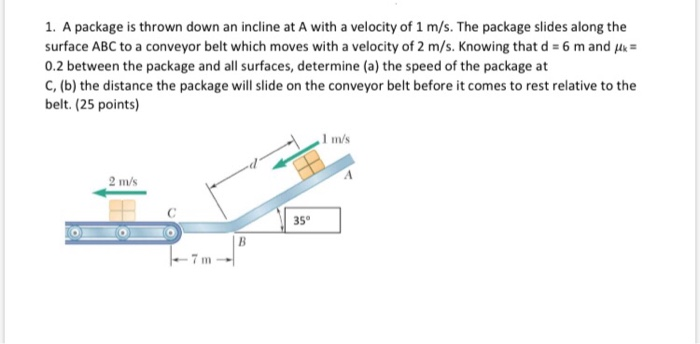 Solved 1. A package is thrown down an incline at A with a | Chegg.com