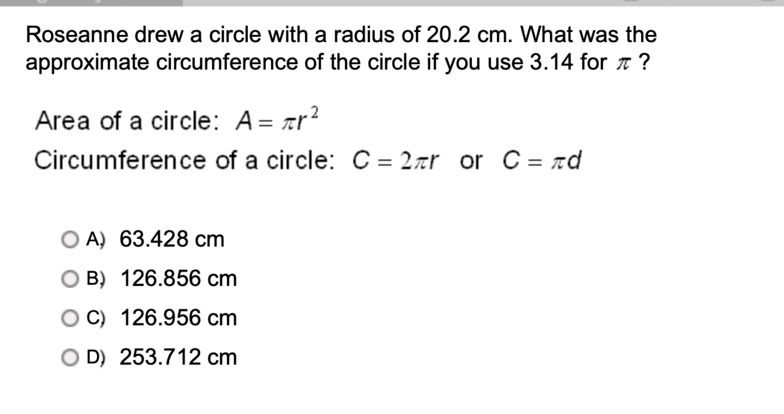 Solved Roseanne drew a circle with a radius of 20.2cm. ﻿What | Chegg.com
