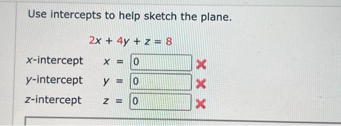 Solved Use intercepts to help sketch the plane. x-intercept | Chegg.com