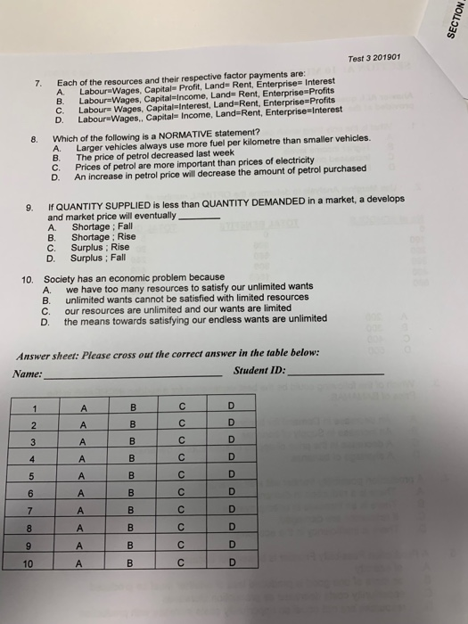 Solved SECTION Test 3 201901 7. Each of the resources and | Chegg.com