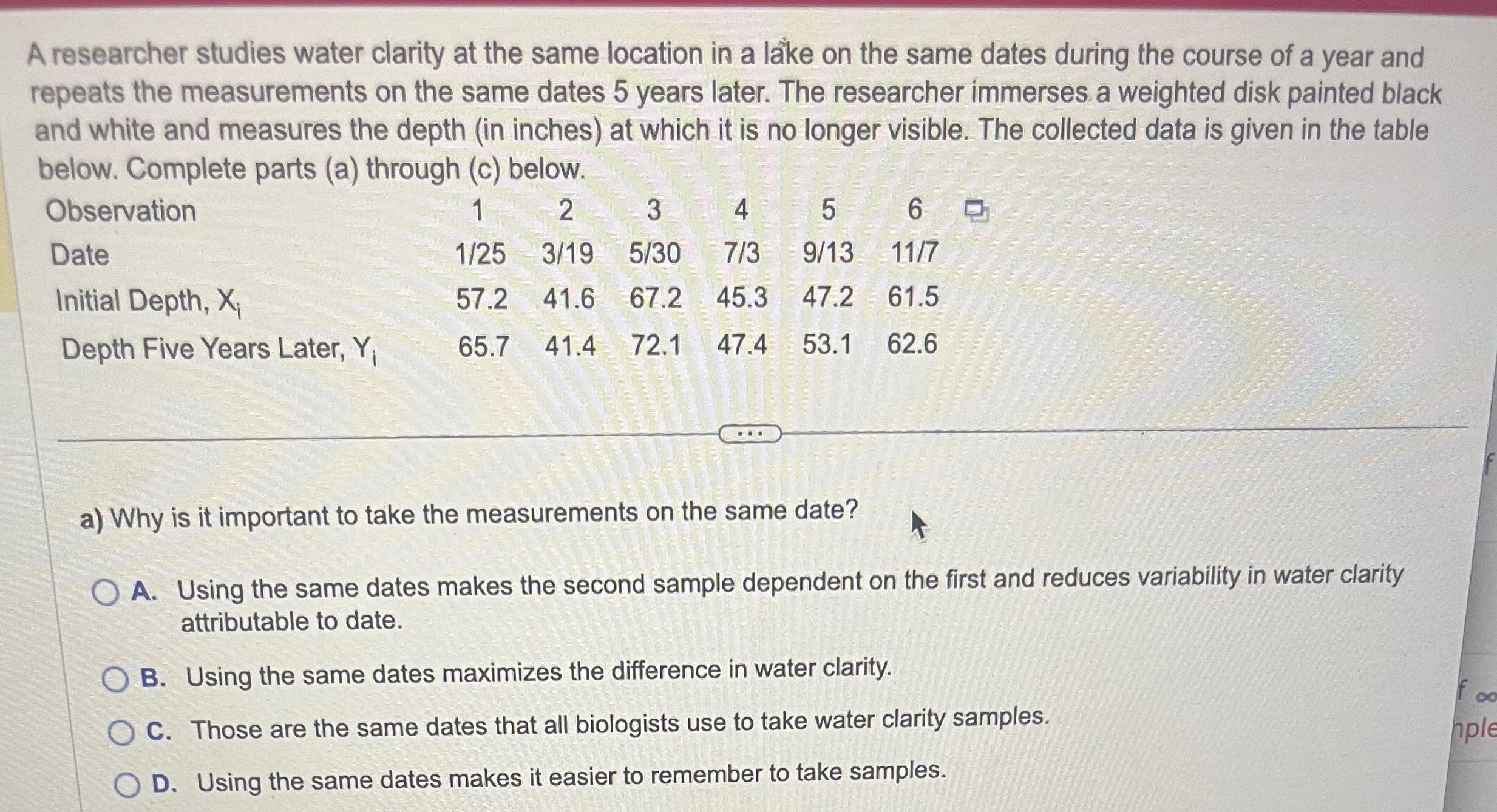 Solved A researcher studies water clarity at the same | Chegg.com Solved A researcher studies water clarity at the same | Chegg.com