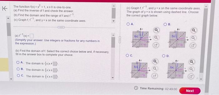 Solved The function f(x)=x2+1,x≥0 is one-to-one. (c) Graph | Chegg.com