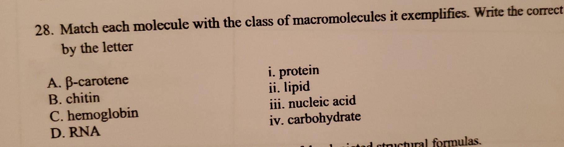 Solved 28. Match each molecule with the class of | Chegg.com
