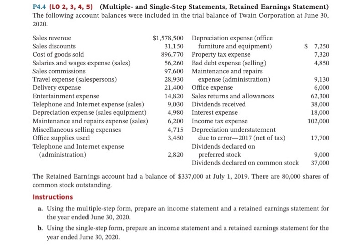 Solved P4.4 (LO 2, 3, 4, 5) (Multiple- and Single-Step | Chegg.com