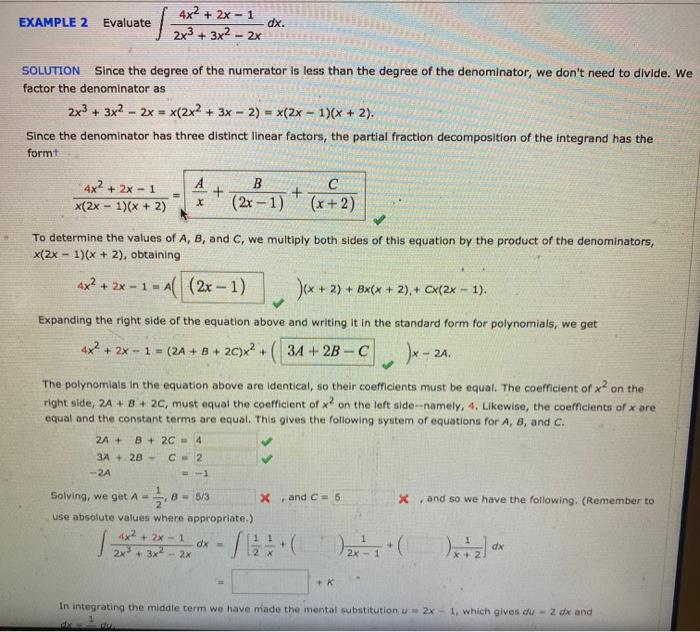 Solved EXAMPLE 2 [ 4x2 + 2x - 1 Evaluate J 2x3 + 3x2 - 2x | Chegg.com
