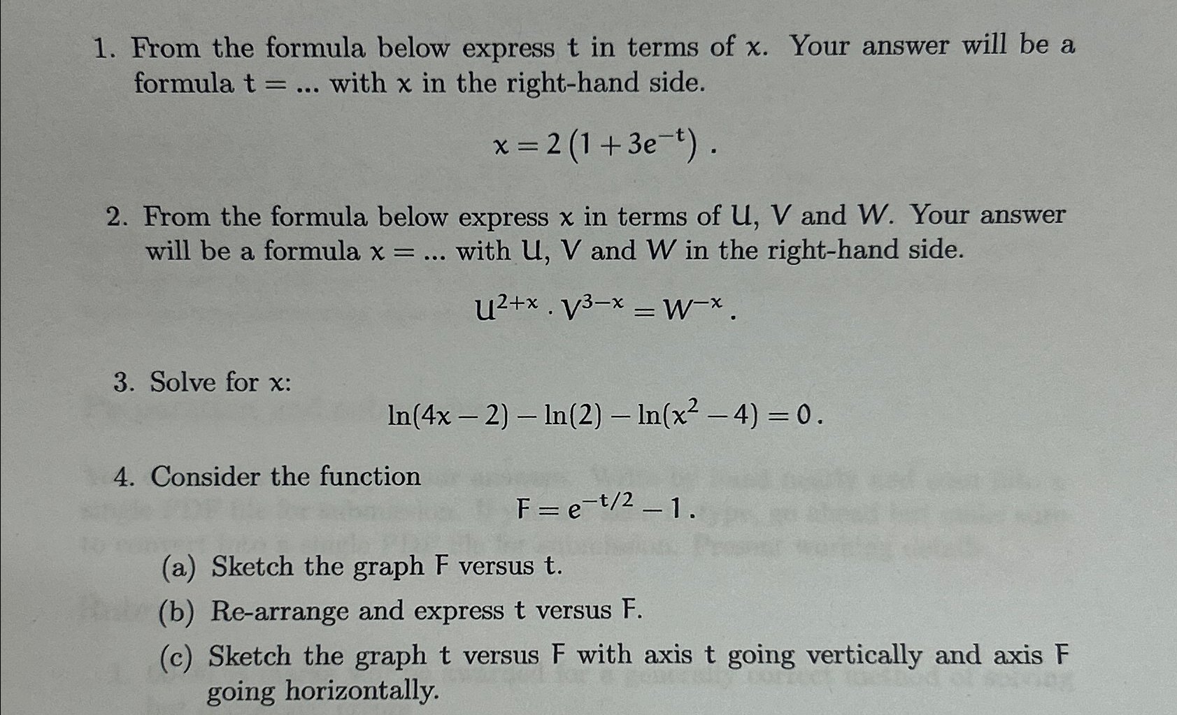 Solved From the formula below express t ﻿in terms of x. | Chegg.com