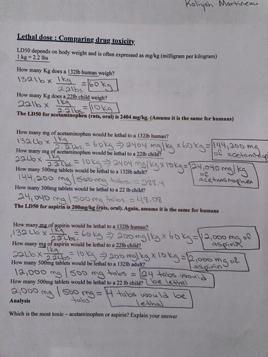 Solved Kaliyah Martineau Lethal dose : Comparing drug | Chegg.com