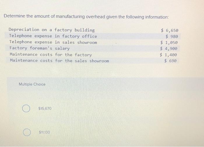 Solved Determine the amount of manufacturing overhead given | Chegg.com
