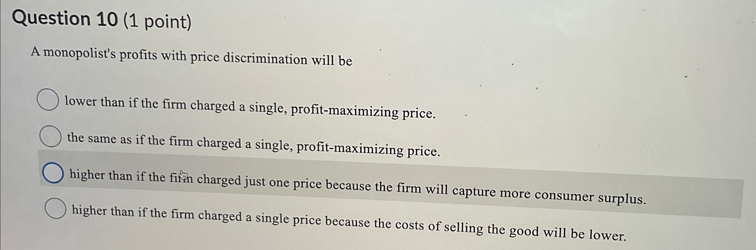 Solved Question 10 (1 ﻿point)A monopolist's profits with | Chegg.com