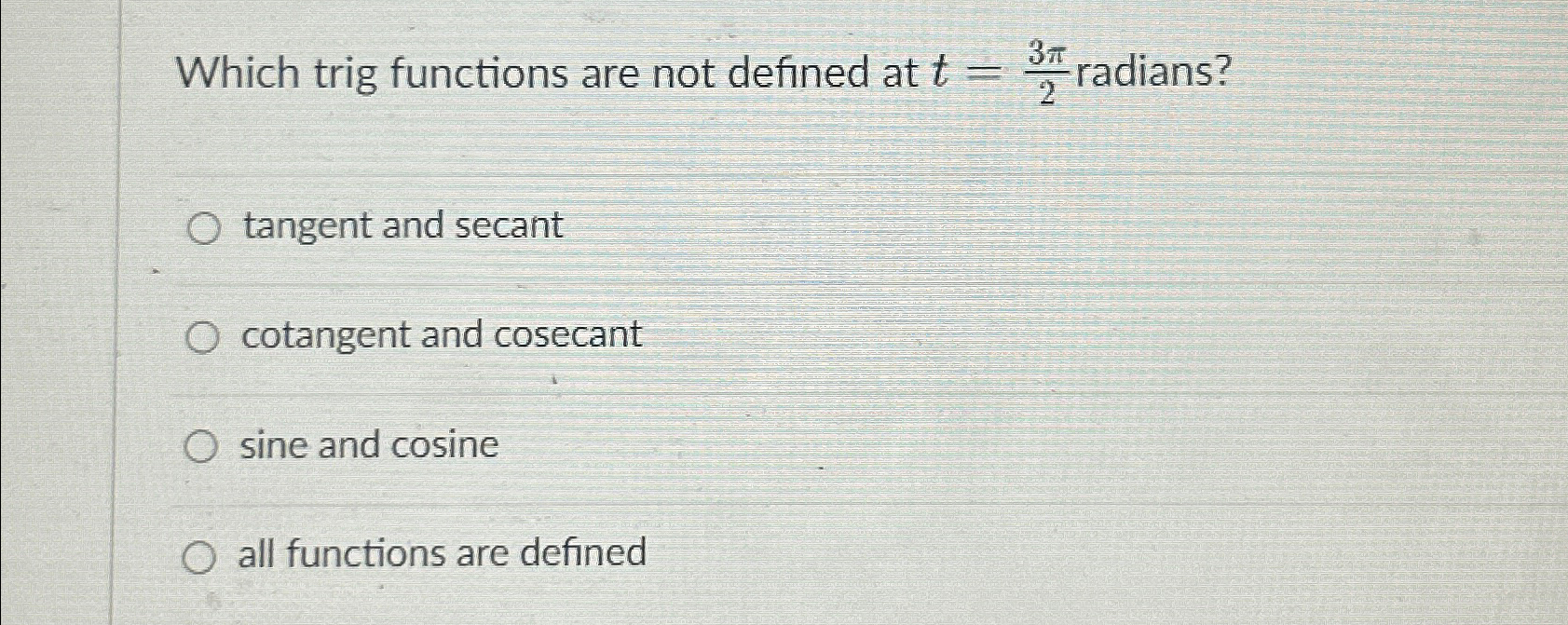 Solved Which trig functions are not defined at t=3π2 | Chegg.com