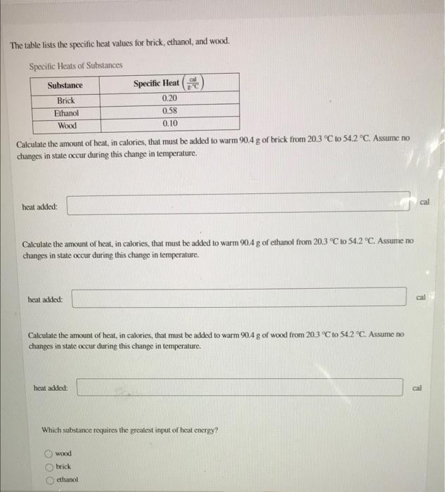 Solved The table lists the specific heat values for brick, | Chegg.com