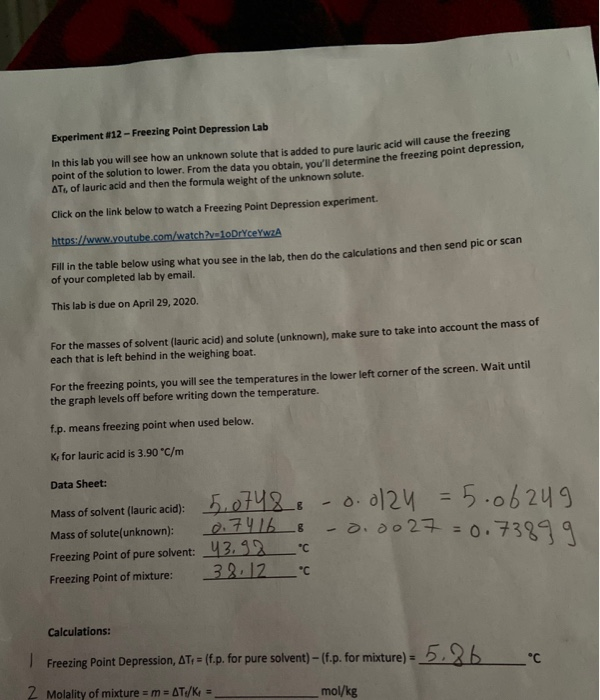 Solved Experiment #12 - Freezing Point Depression Lab In | Chegg.com